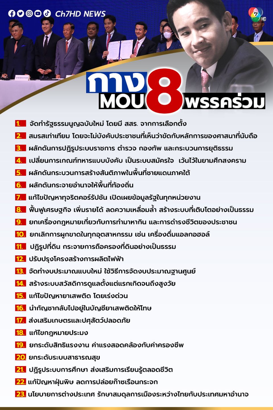 ข่าวกาง MOU 8 พรรคร่วม แถลงจัดตั้งรัฐบาล 23 ข้อ 5 แนวทางปฏิบัติร่วมกัน