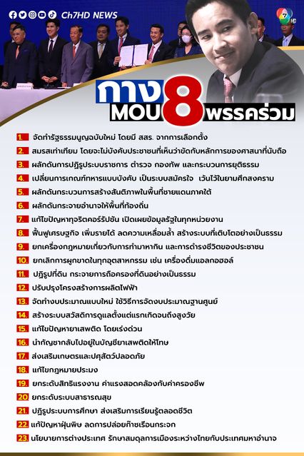 ข่าวกาง MOU 8 พรรคร่วม แถลงจัดตั้งรัฐบาล 23 ข้อ 5 แนวทางปฏิบัติร่วมกัน